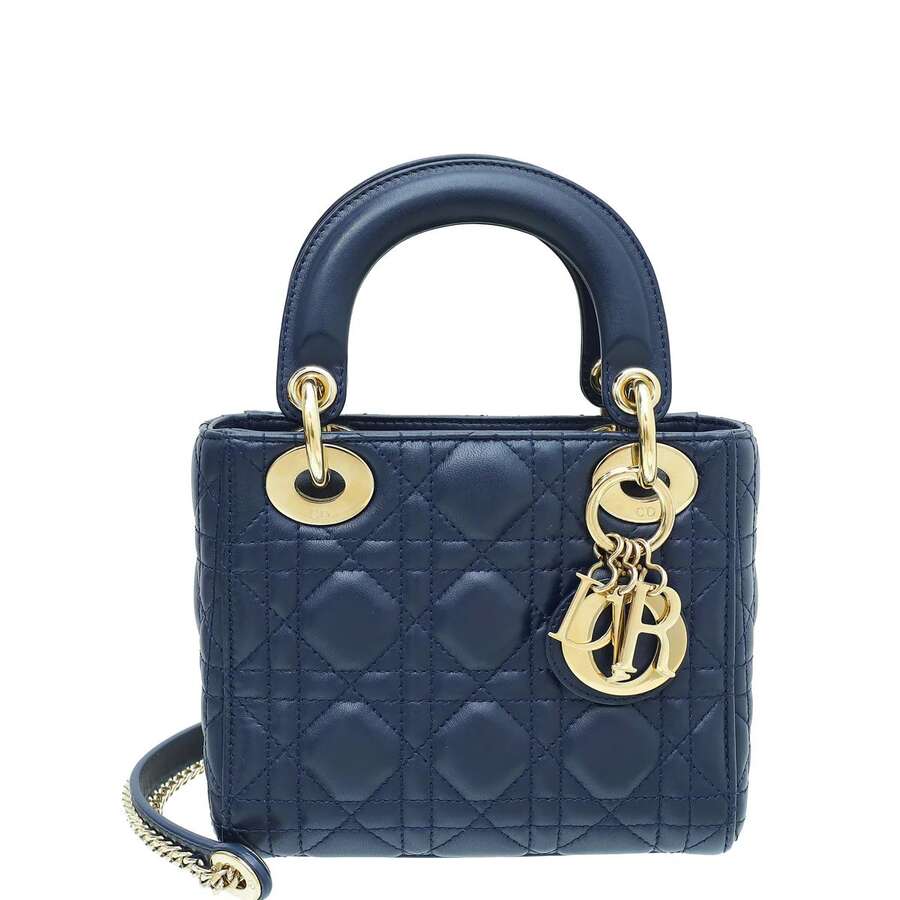 Discover Mini Lady Dior in Navy Blue Cannage Leather with Champagne ...