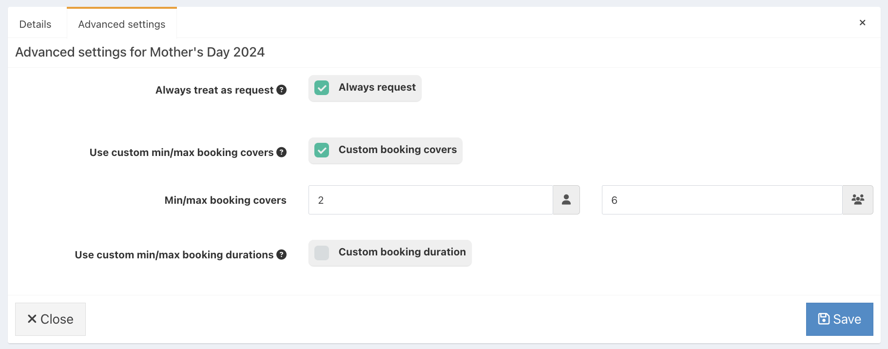 Setting booking types with specific options for covers : Tabology