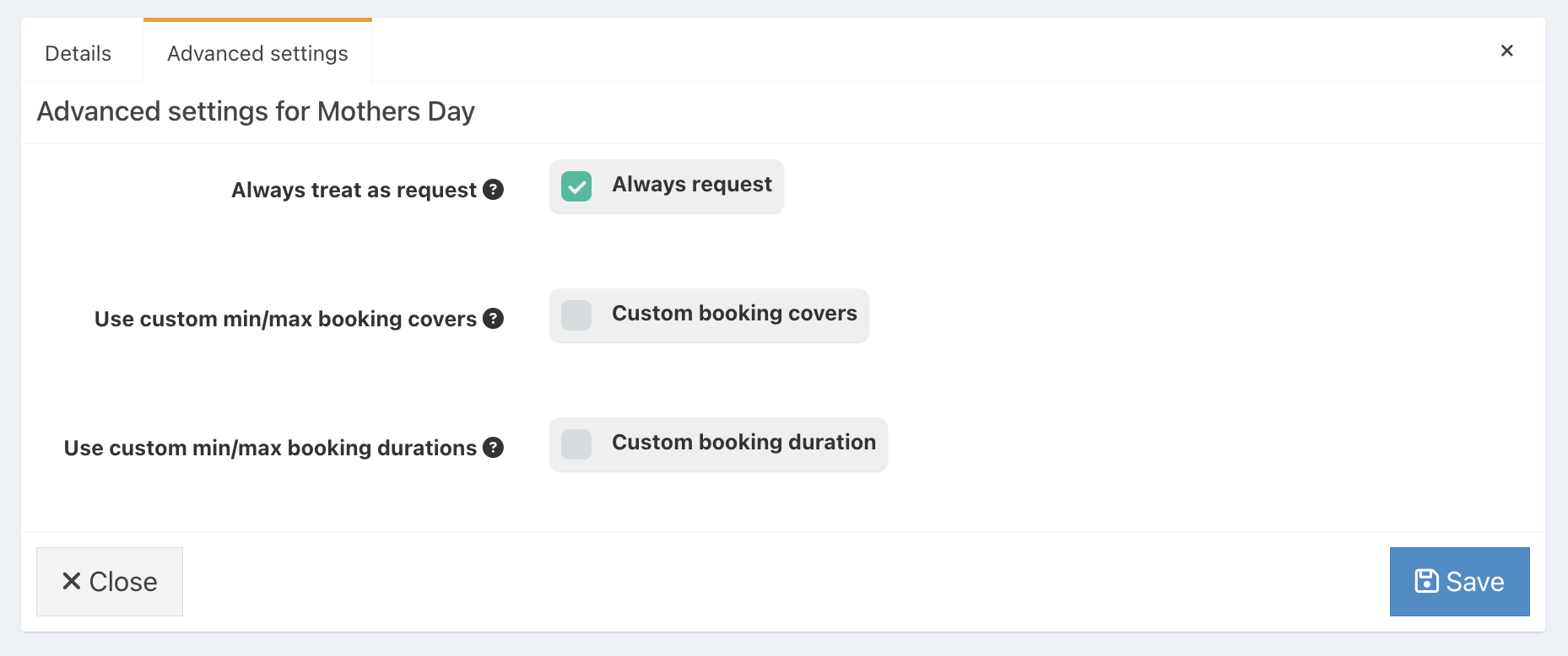 Setting booking types with specific duration options : Tabology