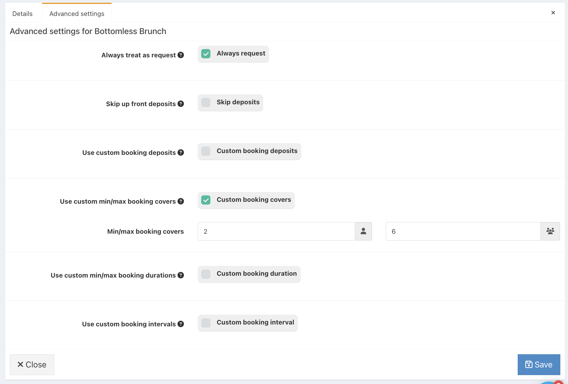 Setting booking types with specific options for covers : Tabology