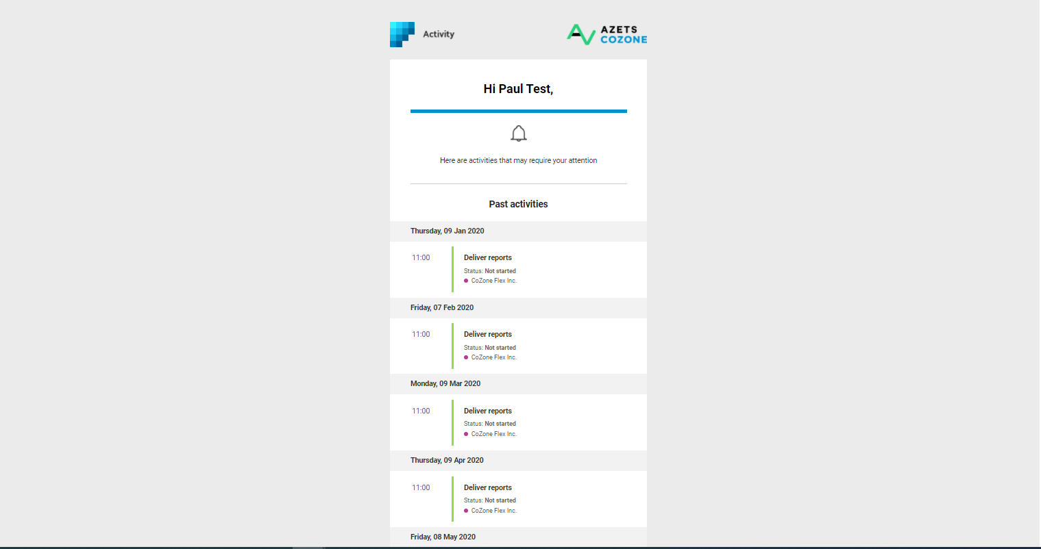Activity notifications : Azets Cozone Support Portal