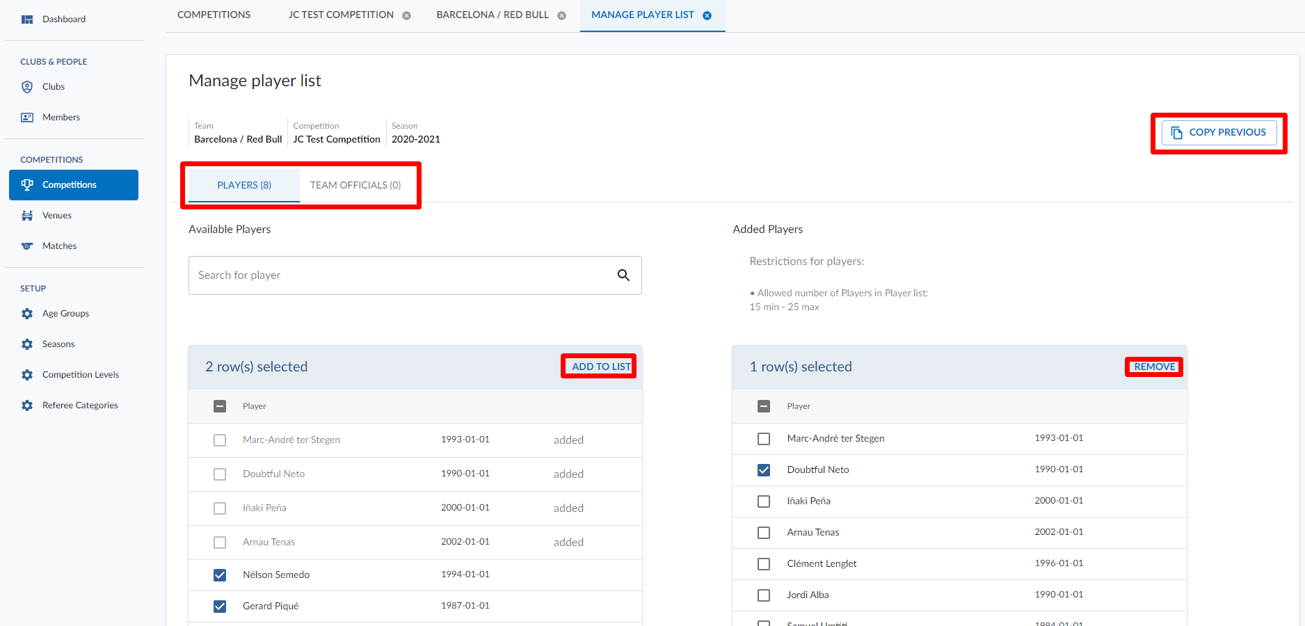 Editing a Team List : FIFA Connect Support and FCMS Support