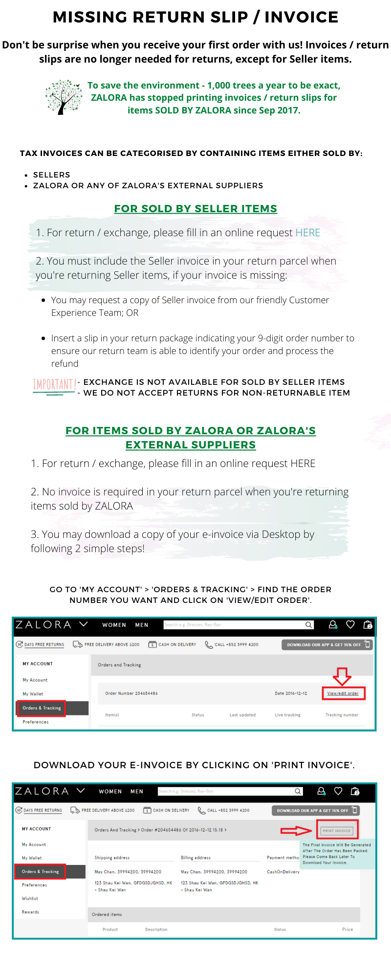 Missing Return Slip / Invoice : Zalora Hong Kong