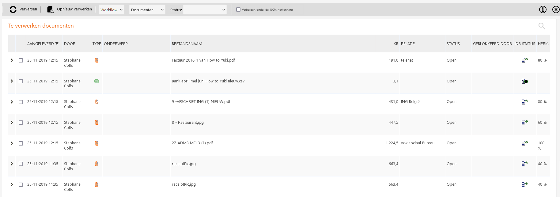 Te verwerken documenten : Yuki Support Belgium