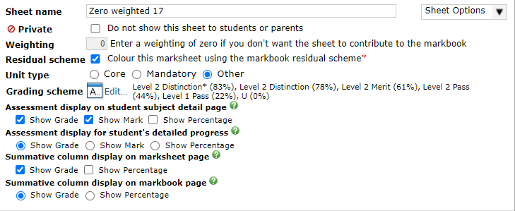 Zero-weighted marksheet design tool : GO 4 Schools