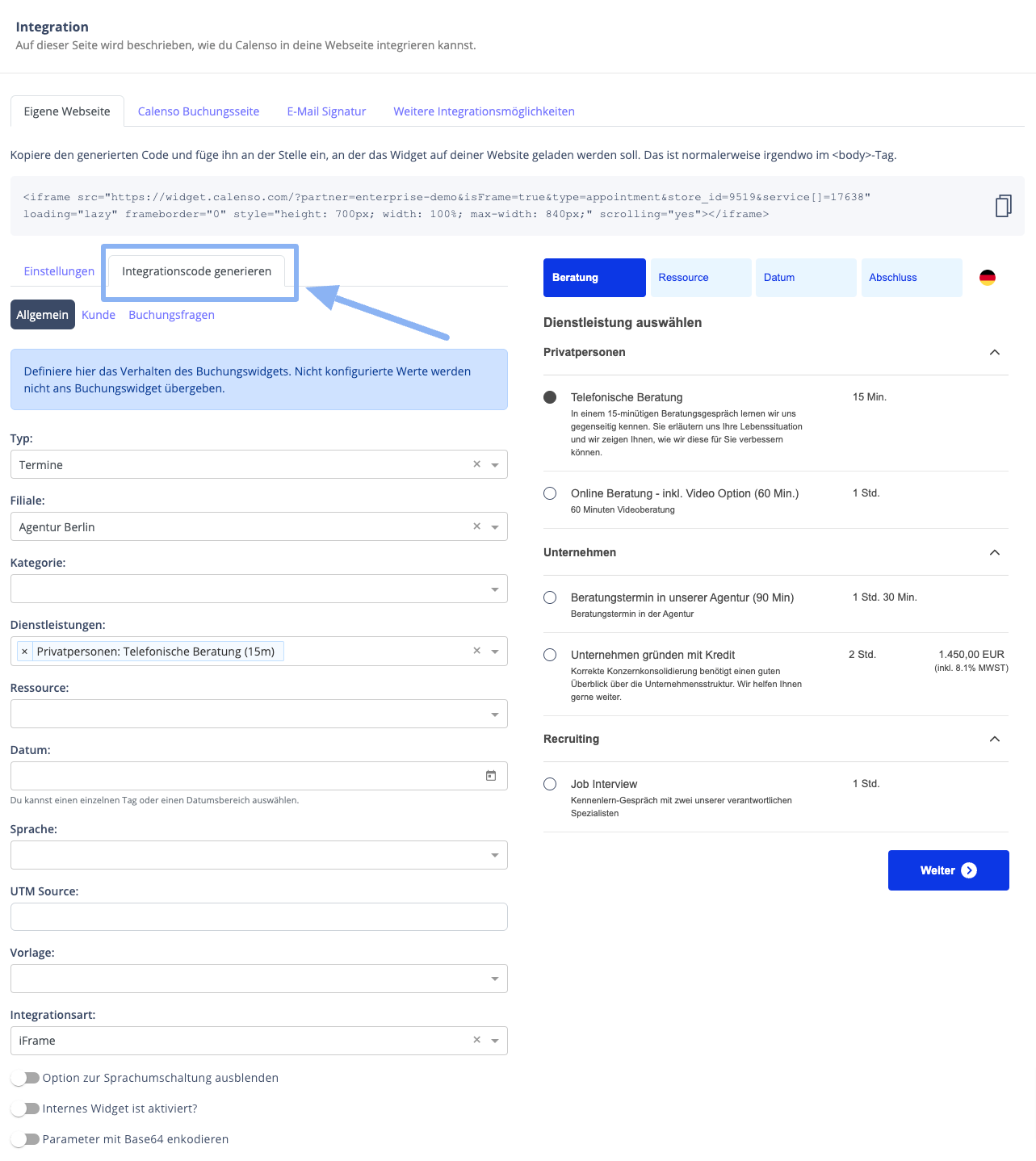 Integration des Buchungs-Widgets auf der eigenen Website : Calenso