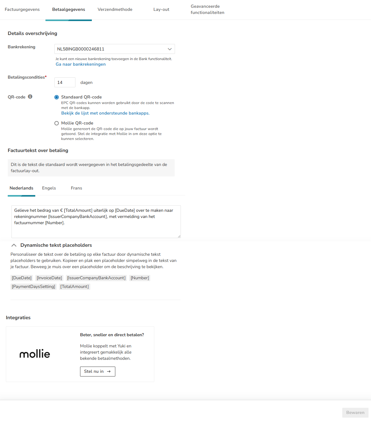 Sales Standard - Payment details (Sales settings) : Yuki Support Nederland