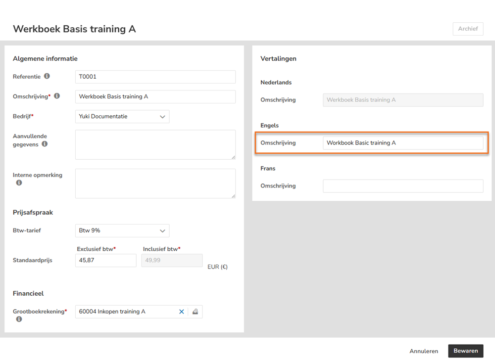 Verkoop Standaard - Omschrijving verkoopartikel vertalen : Yuki Support ...