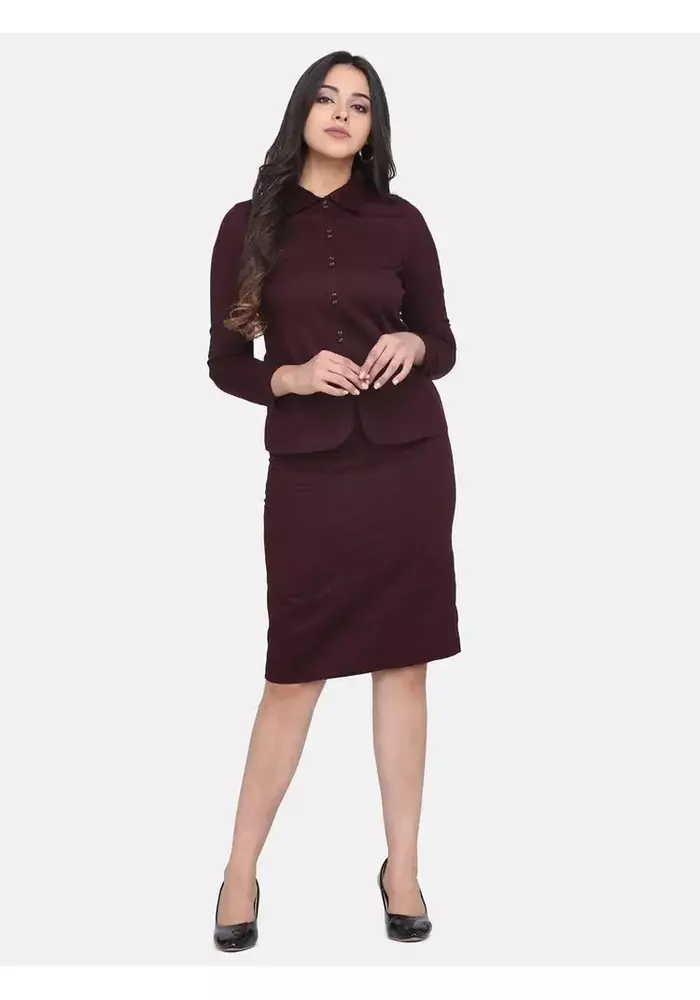 Cotton Skirt Suit - Burgundy Red