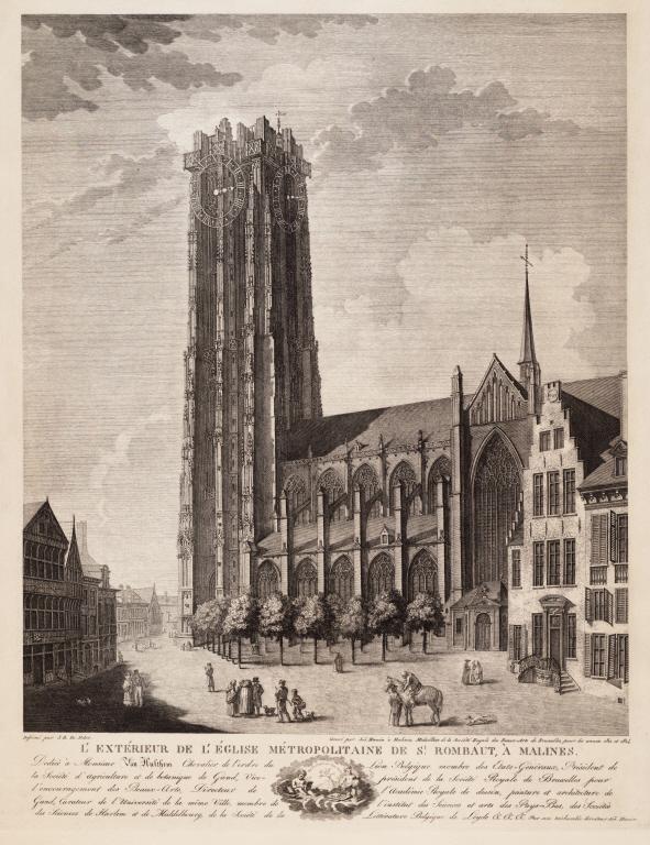 De Sint-Romboutstoren en Den Beyaert, toenmalig stadhuis, vandaag het ...
