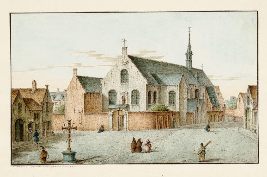 Zicht op klooster en kerk van de kapucijnen (of capucienen), 1790 ...