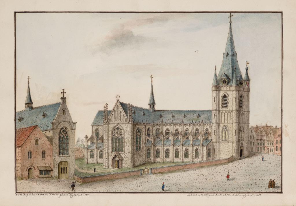 Zicht omstreeks 1400 op de Sint-Romboutskerk met oude toren, links Sint ...